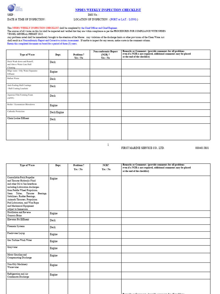 FMS080401R01 NPDES Weekly Inspection Checklist | Download Free PDF ...
