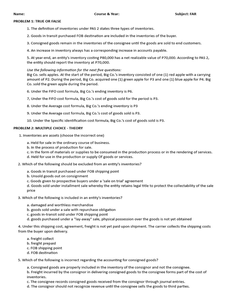 Far Inventories Assignment | PDF | Cost Of Goods Sold | Inventory