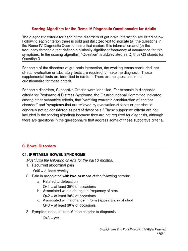Scoring Algorithm for the Rome IV Diagnostic Questionnaire for Adults_Bowel Disorders and ...