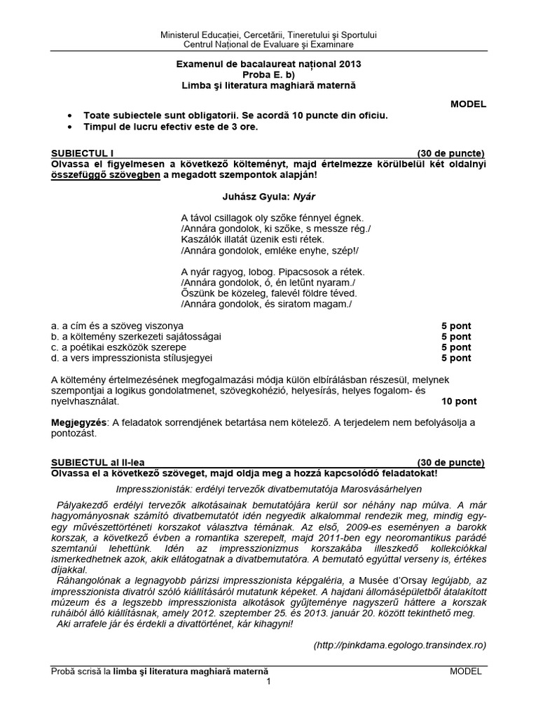 Model de Subiect Si Barem Bac 2013 Limba Maghiara Materna | PDF