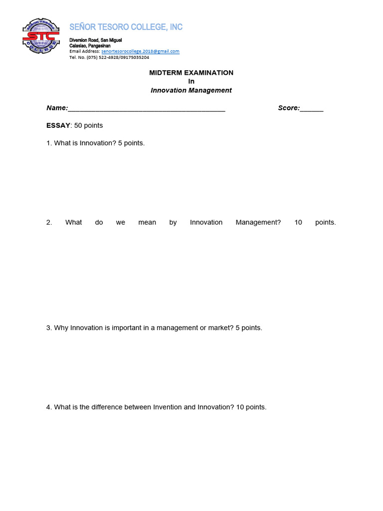 Midterm Examination - Innovation Management | PDF