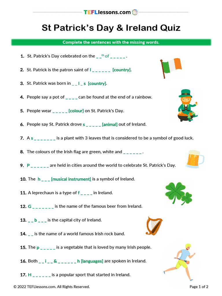 St. Patrick's Day Ireland Quiz Questions | PDF | Foreign Language ...