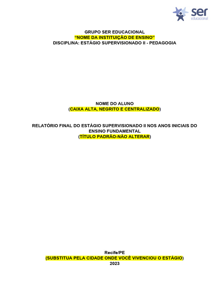 Template de Relatório de Estágio | PDF | Lição | Inclusão (Educação)