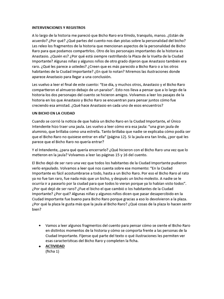 Actividades sobre "Bicho Raro" | PDF