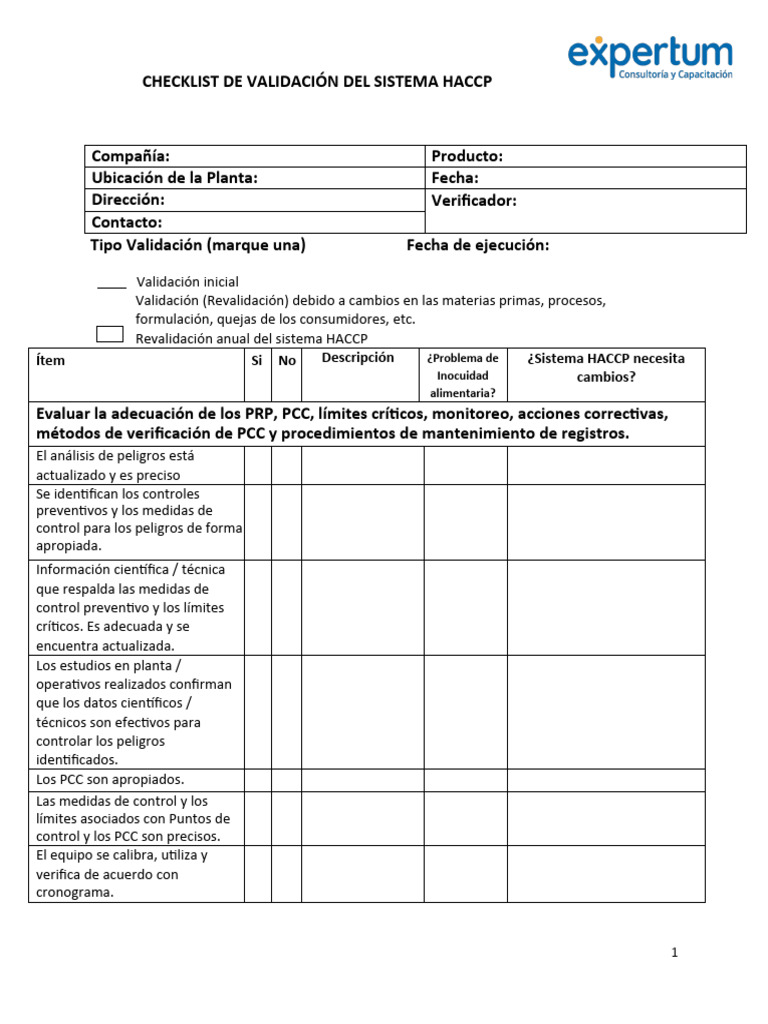 Checklist HACCP VALIDACION | PDF | Análisis de Riesgo y Puntos Críticos ...
