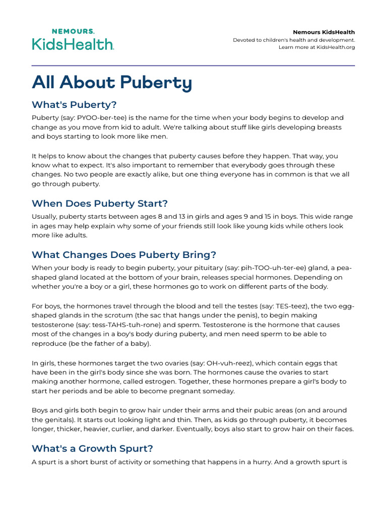 All About Puberty (For Kids) - Print Version - Nemours KidsHealth | PDF ...
