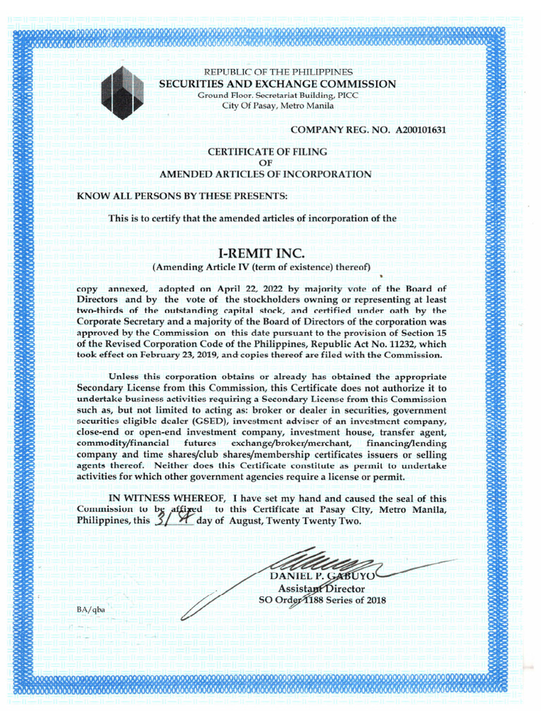I-Remit, Inc. Amended AOI August 2022 (For PSE, Redacted) | PDF