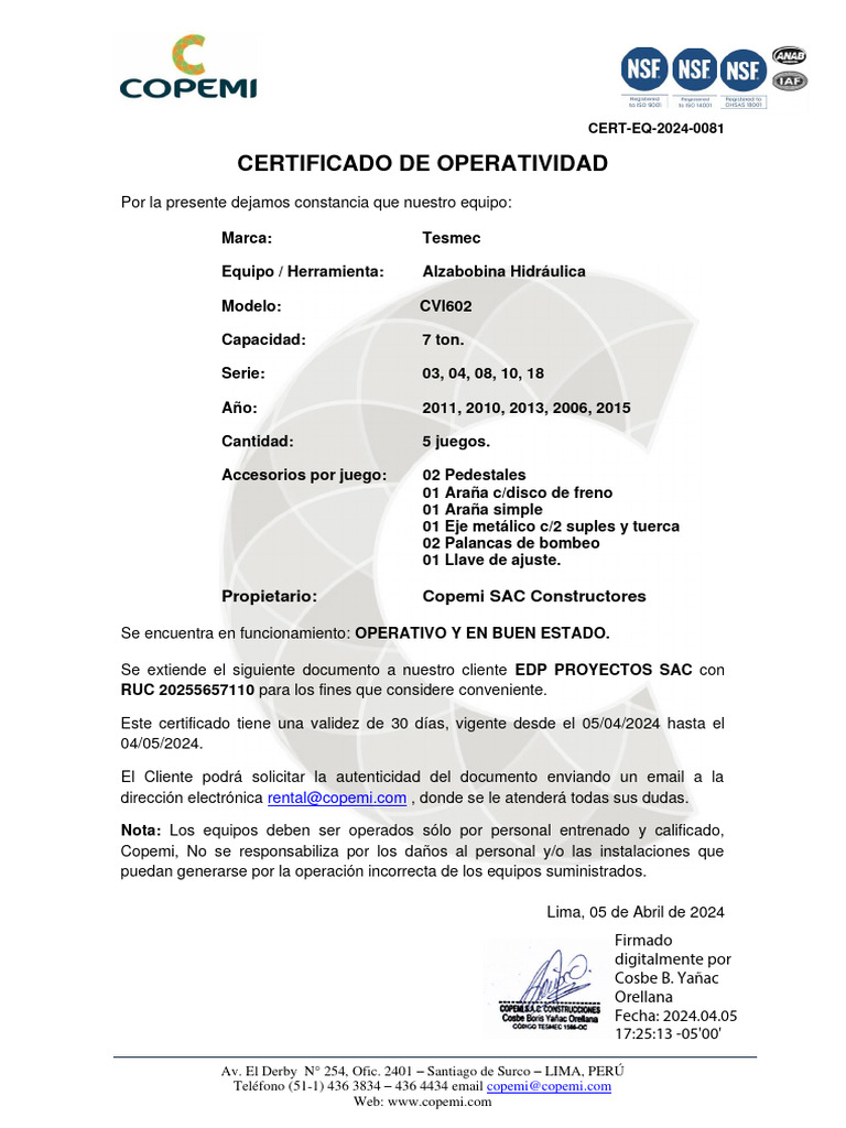 Certificado de Operatividad Tesmec 2024 | PDF