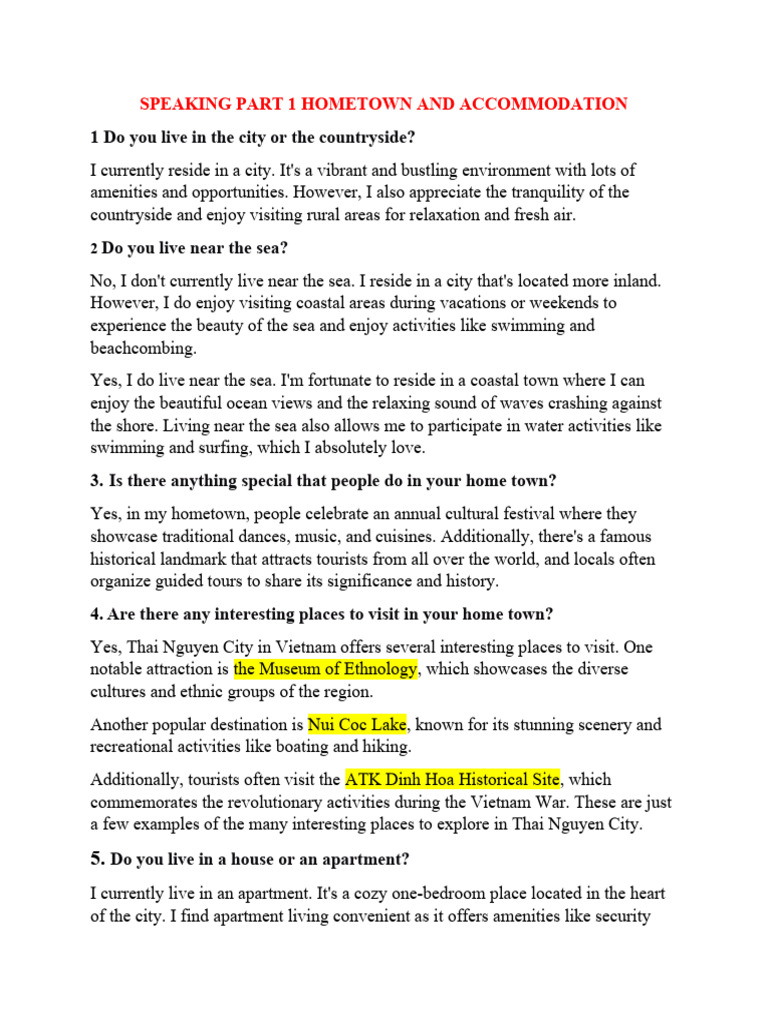 Speaking Part 1,2 Hometown and Accommodation | PDF