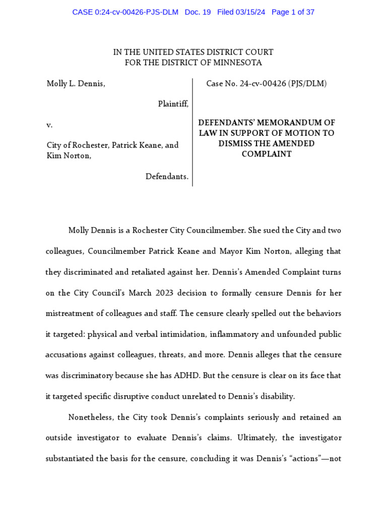 Motion to Dismiss Dennis v. Rochester Case | PDF | Complaint | Civil Rights Act Of 1964