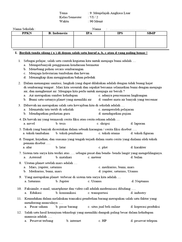 Soal Tema 9 Kelas VI: Angkasa Luar | PDF