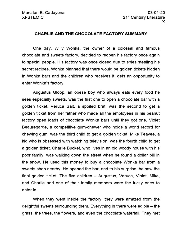 Charlie and The Chocolate Factory Summary | PDF | Sugar Confectionery ...