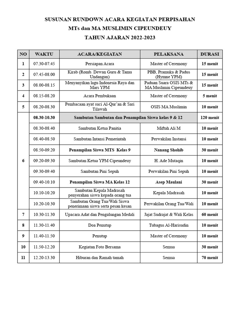 Susunan Rundown Acara Kegiatan Perpisahan 2023 | PDF Susunan Rundown Acara Kegiatan Perpisahan 2023 | PDF