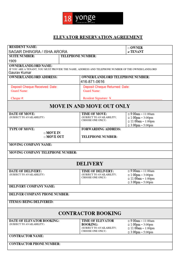 Elevator Reservation Agreement Form | PDF | Cheque | Elevator