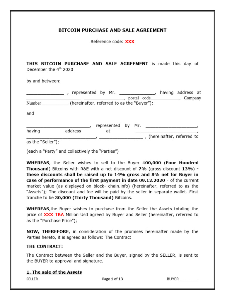 Bitcoin - ASA Agreement Template Rel1 | PDF | Sales | Bitcoin