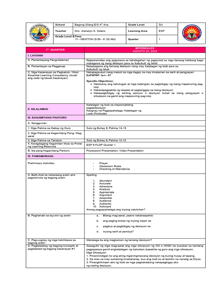 1 Quarter Miyerkules: School Grade Level Teacher Learning Area Grade ...