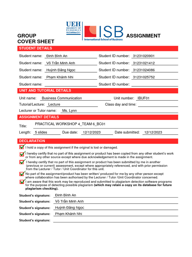 Practical Workshop 4 (Group) - Group Cover Sheet - Team 6 - BC01 | PDF