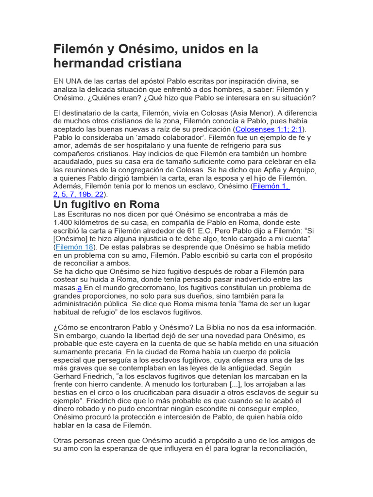 Reconciliación de Filemón y Onésimo | PDF | Epístola a Filemón | Pablo ...
