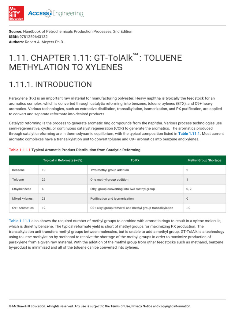 Chapter 111 GT Tolalk Toluene Methylation To Xylenes | PDF | Toluene | Benzene