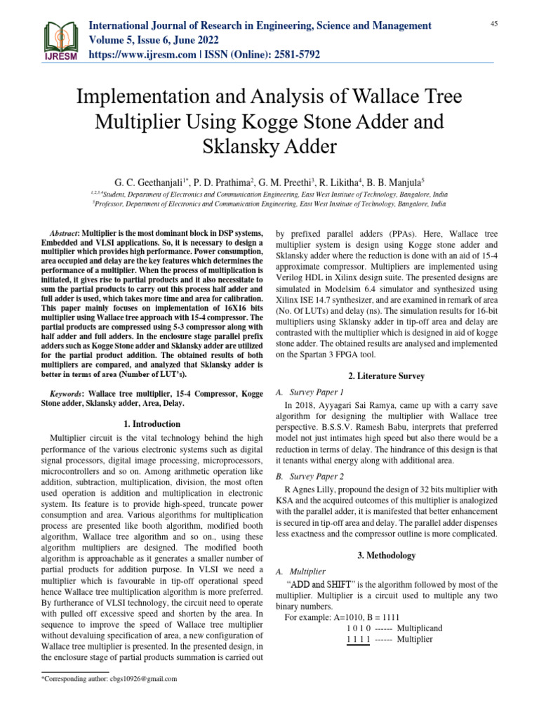 Wallace Tree Using Kogge Stone Adder | PDF | Field Programmable Gate Array | Multiplication
