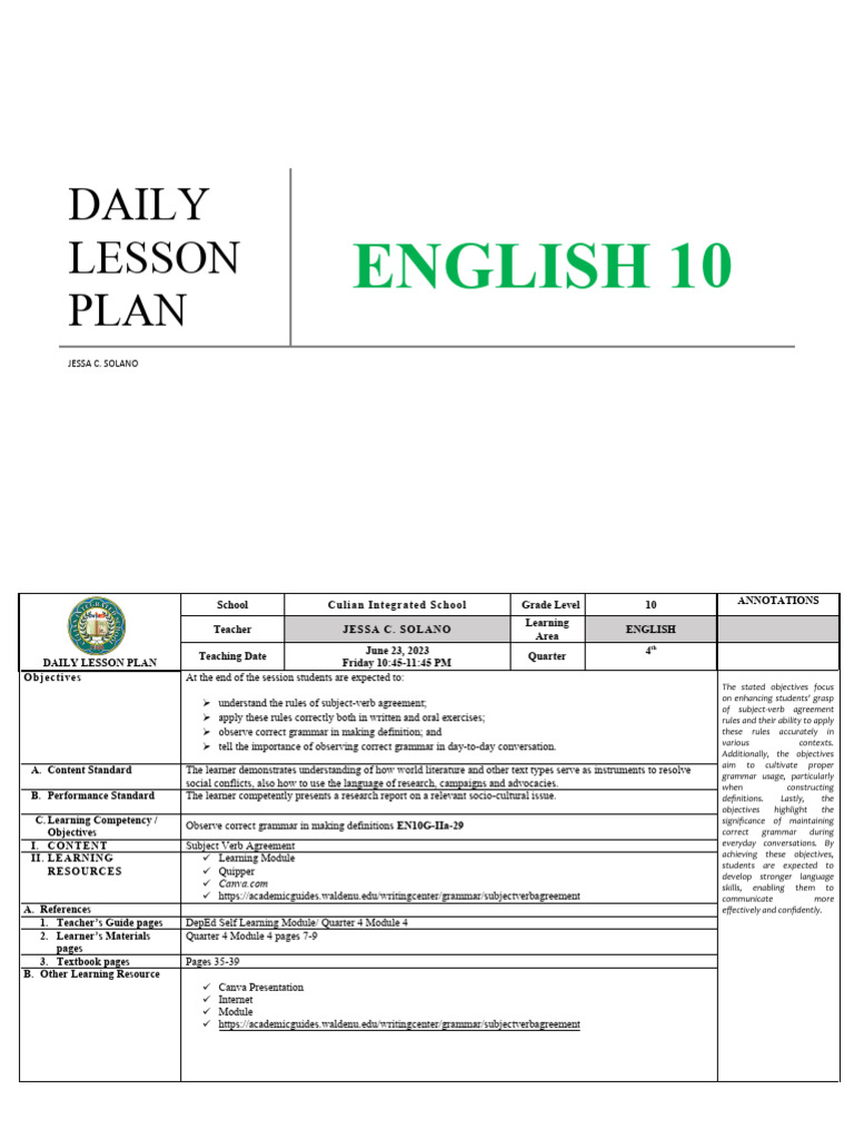 DLL - ENGLISH 10 With ANNOTATIONS | PDF | Learning | Teachers