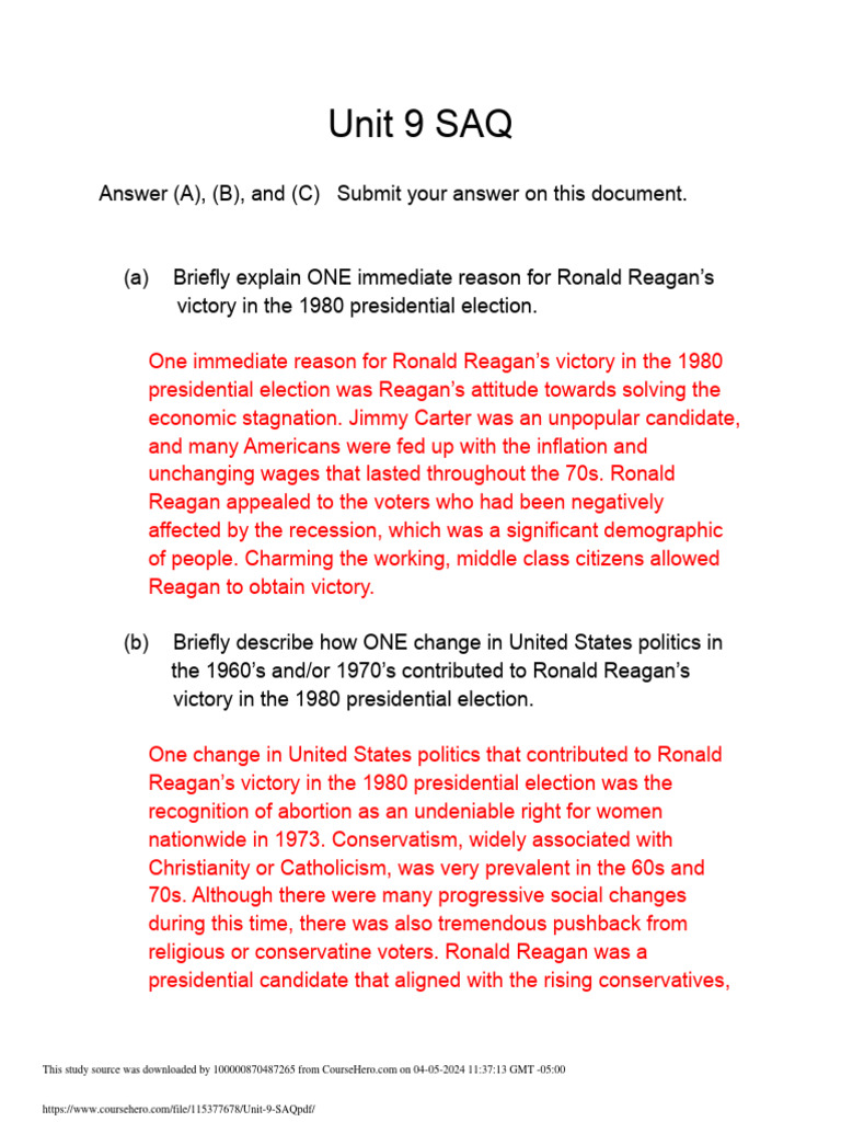 Unit 9 SAQ PDF | PDF | Ronald Reagan | Conservatism
