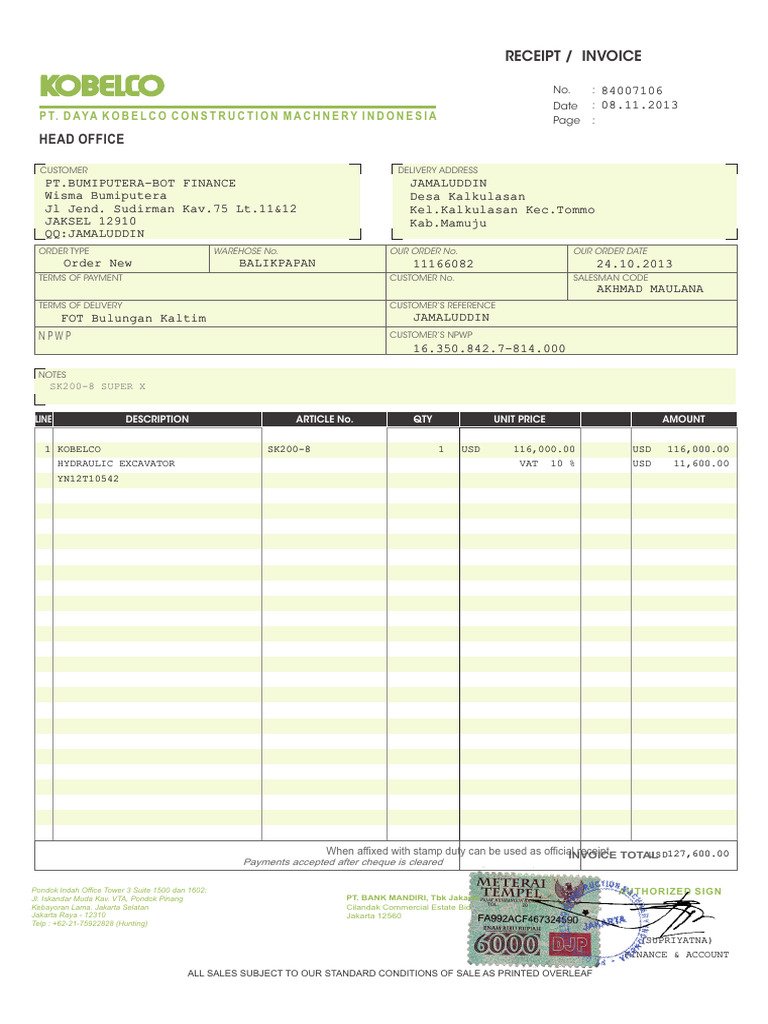 Kobelco Invoice | PDF | Business | Business Documents