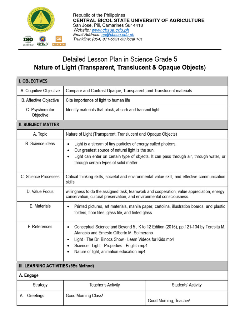 Lesson Plan in Nature of Light 5es | PDF | Light | Machines