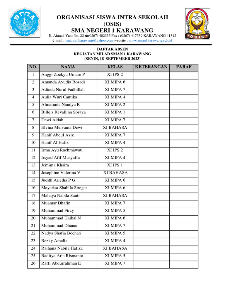 Daftar Absen Osis (Milad) PDF | PDF