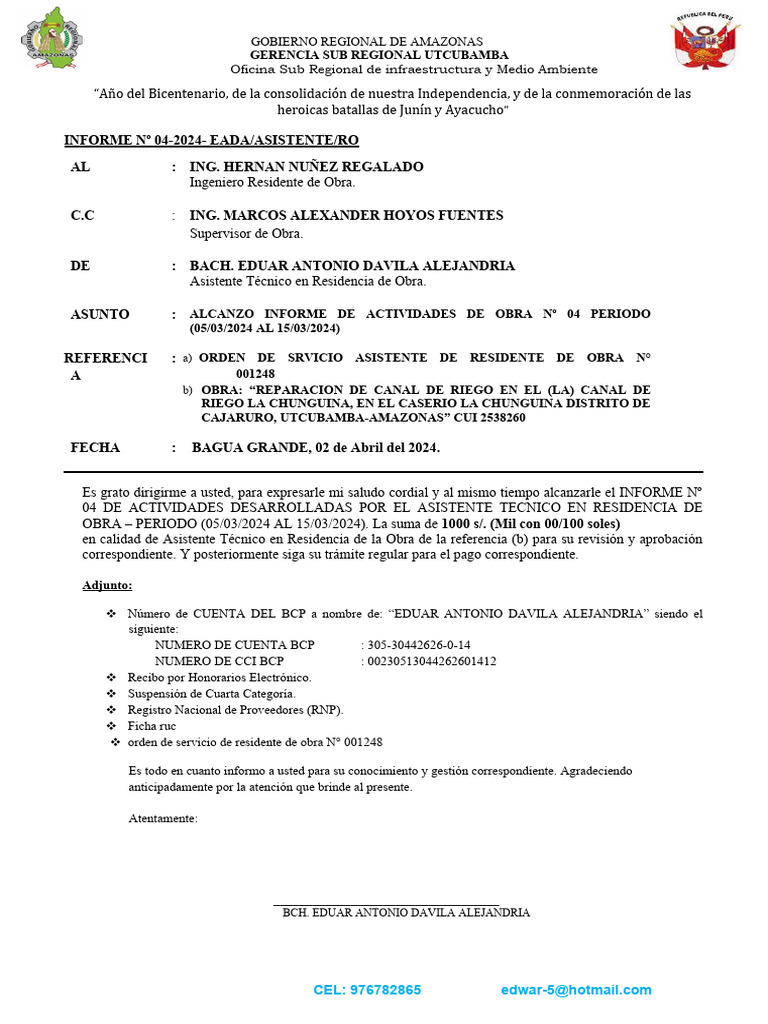 Informe de Pago Marzo Asistente | PDF | Ingeniero civil | Materiales