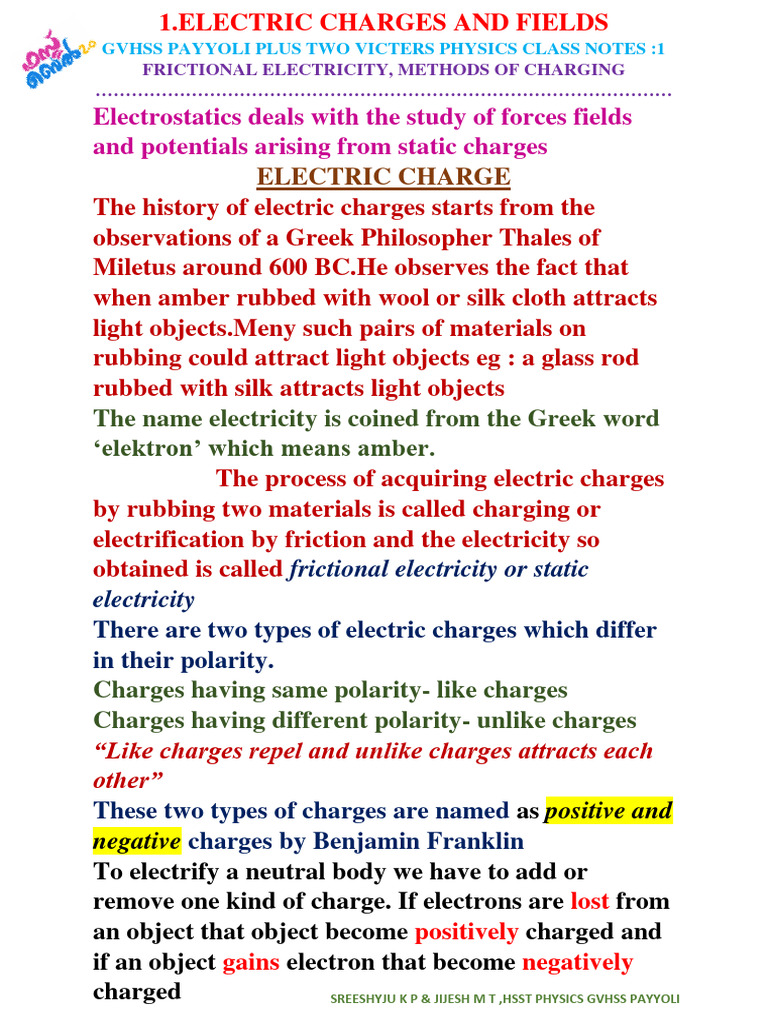 Hssrptr_class 3-Electric Charges and Fields Class 1 | PDF | Electric ...