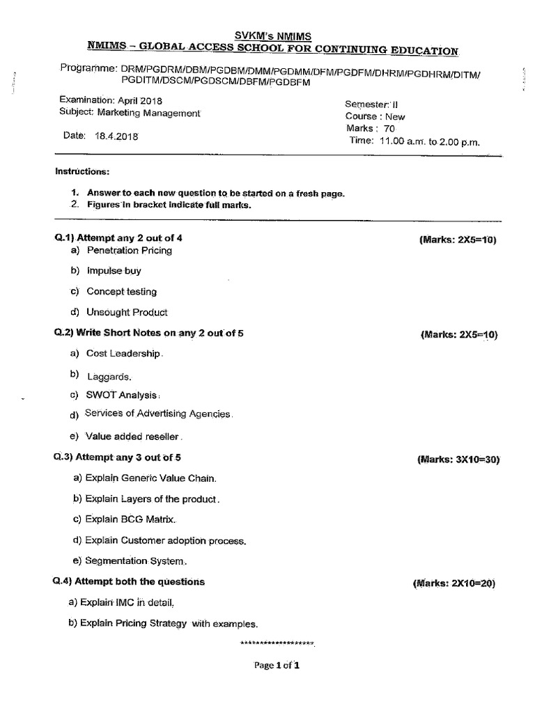 Marketing Management Question Paper | PDF