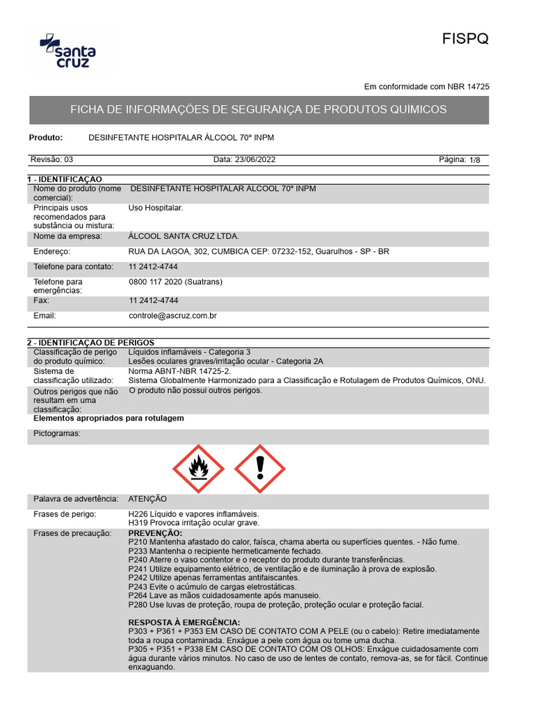 Fispq - Santa Cruz - Alcool 70º | PDF | Química | Dióxido de carbono