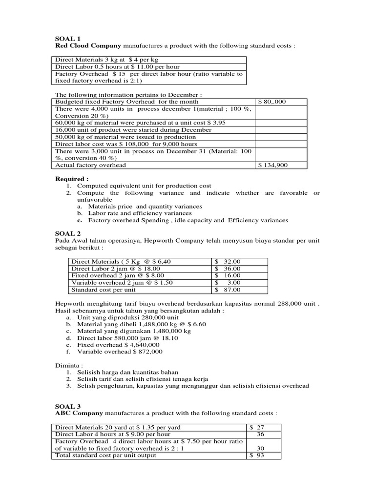 Latihan Soal Standar Costing | PDF | Cost Of Goods Sold | Production And Manufacturing
