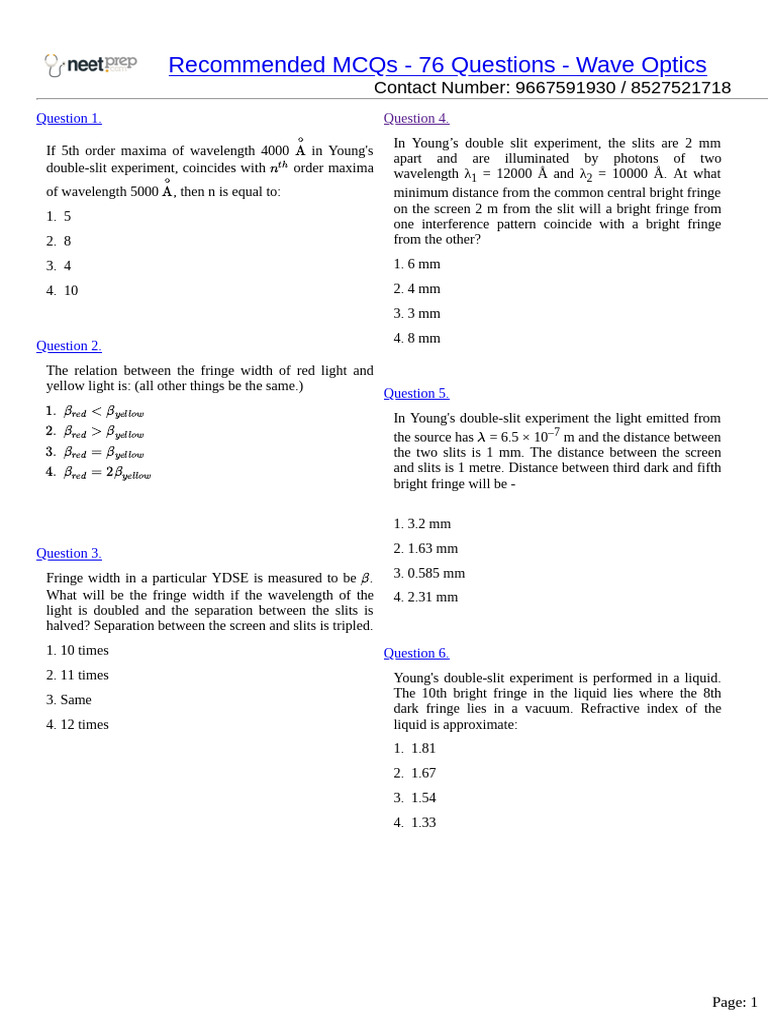 10 - Wave Optics | PDF | Wavelength | Waves