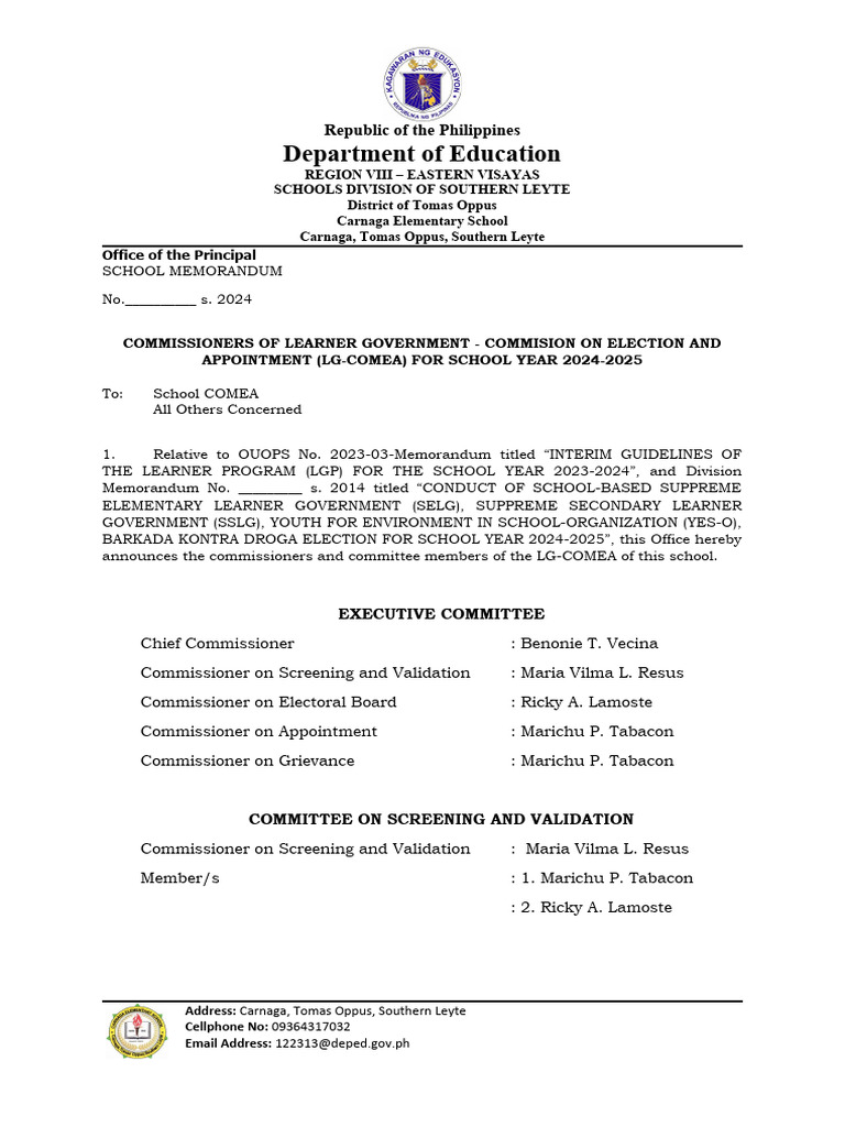 A1. Enclosure I - School Memorandum LG COMEA | PDF | Political Events ...