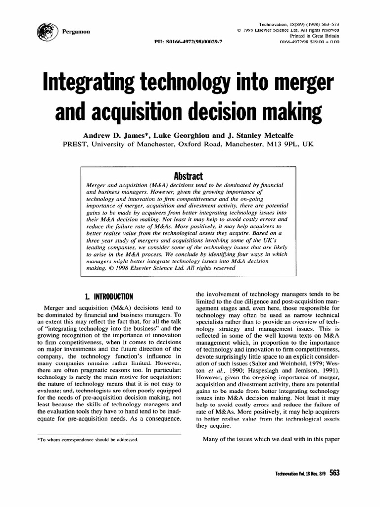 Integrating technology into merger and acquisition decision making ...