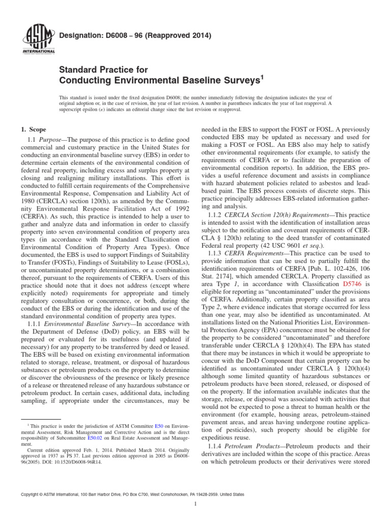 Conducting Environmental Baseline Surveys: Standard Practice For | PDF ...
