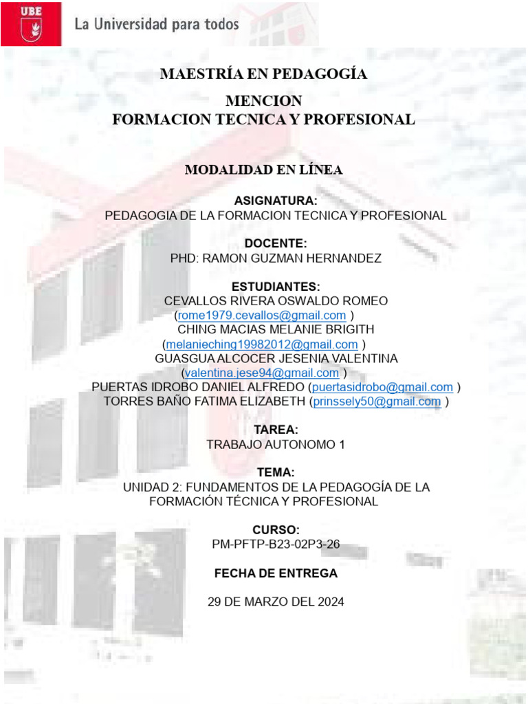 Trabajo Autonomo-1 Pedagogia de La Formacion Tecnica y Profesional ...
