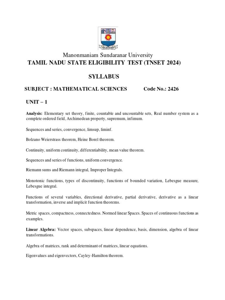TNSET 2024 Syllabus: Mathematical Sciences | PDF | Probability ...