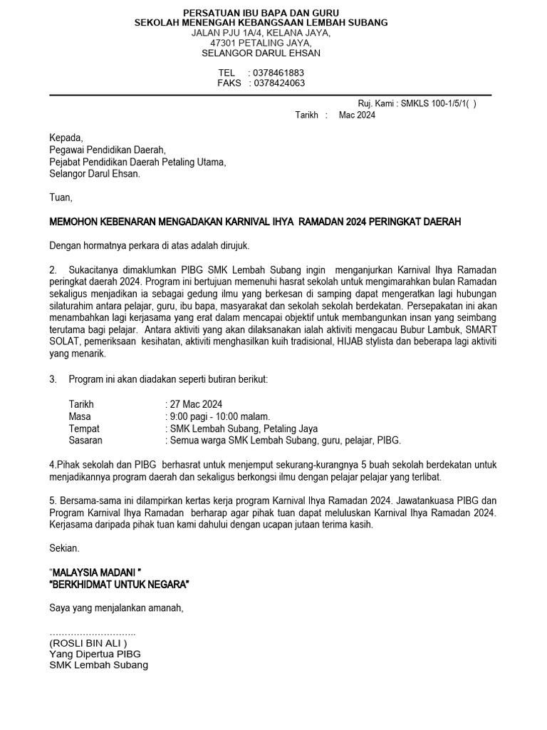 SURAT PERMOHONAN KARNIVAL PENDIDIKAN KE PPD (Ydp) | PDF