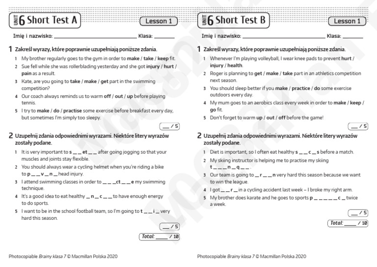 Brainy kl7 Short Tests Unit 6 Lesson 1 | Download Free PDF | Swimming ...