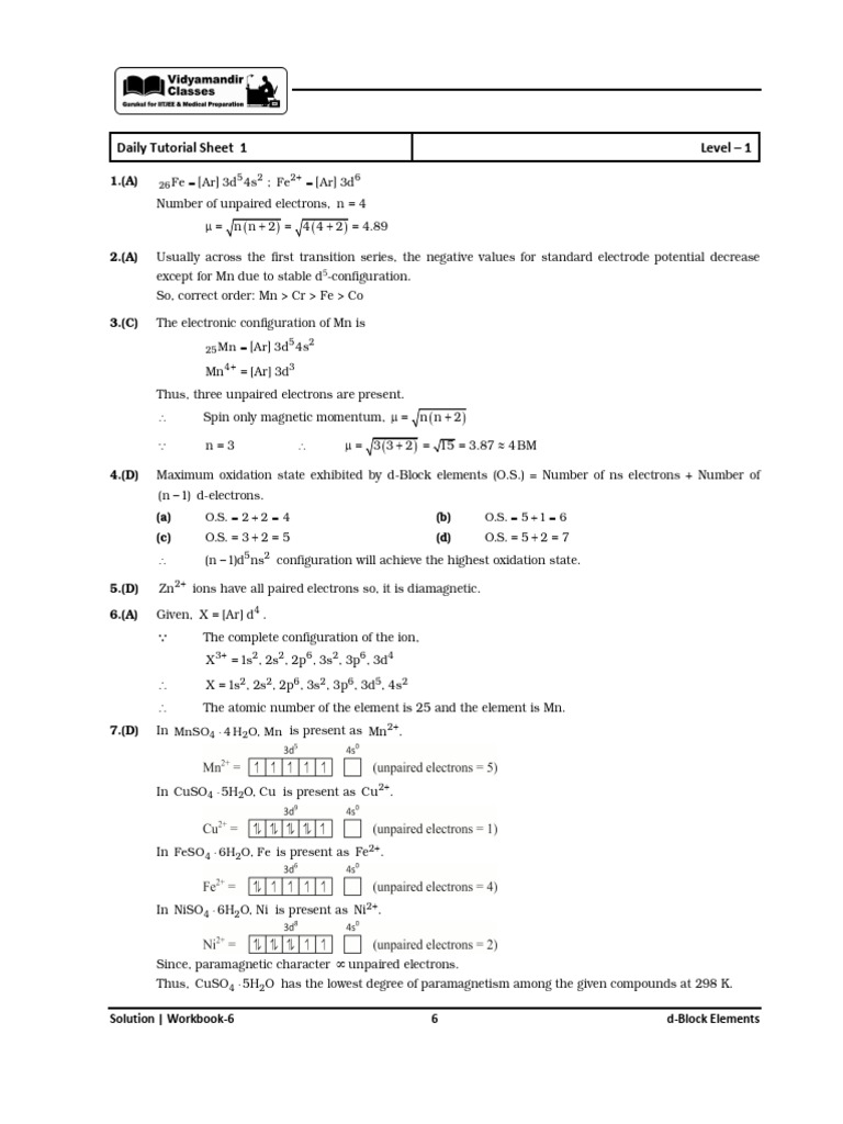 D-Block Elements - DTS 1 Sol | PDF | Transition Metals | Chemical Compounds
