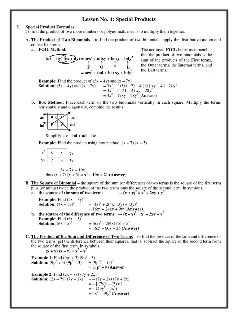 Lesson No.4.LECTURE - MATH FOR ENGINEERS - SPECIAL PRODUCT - DEC2021 ... Lesson No.4.LECTURE - MATH FOR ENGINEERS - SPECIAL PRODUCT - DEC2021 ...