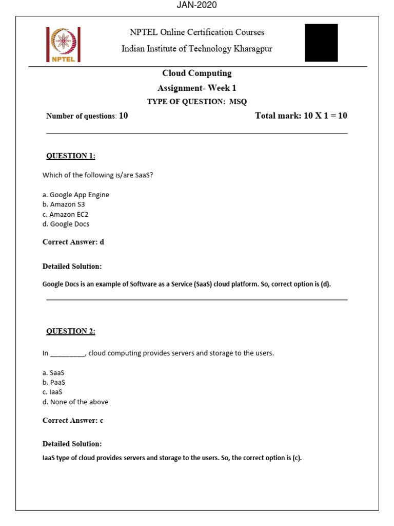 Cloud Computing Assignment-Week 1 10 Total Mark: 10 X 1 10 | Download Free PDF | Cloud Computing ...