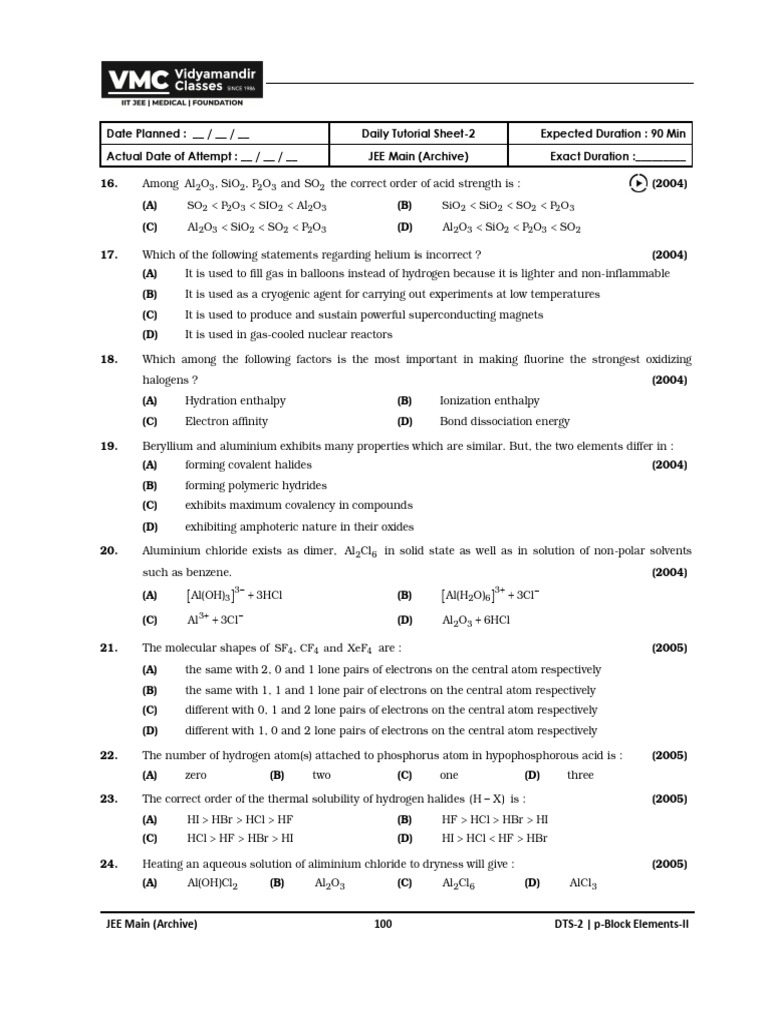 JEE Main p-Block Elements Quiz | PDF | Aluminium | Acid