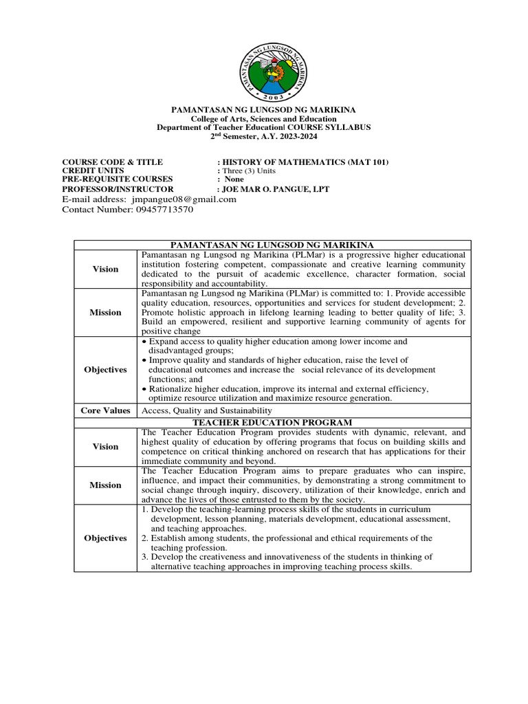 MAT-101_HISTORY-OF-MATHEMATICS-SYLLABUS | PDF | Mathematics | Geometry