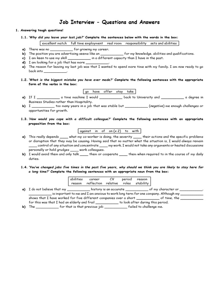 SPEAKING - Interview Questions and Answers - Exercises | PDF | Job ...