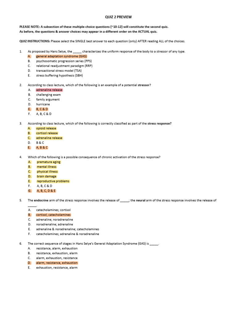 QUIZ 2 PREVIEW - For Students | PDF | Stress (Biology) | Diseases And ...