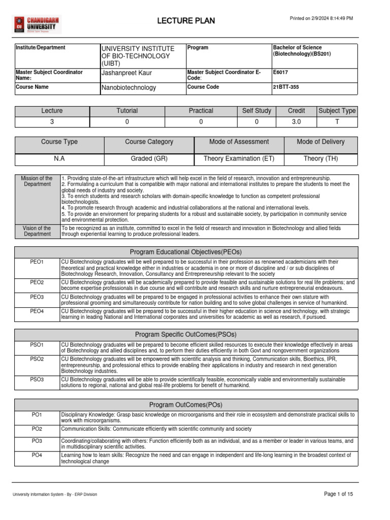 LecturePlan BS201 21BTT-355 | PDF | Entrepreneurship | Nanotechnology